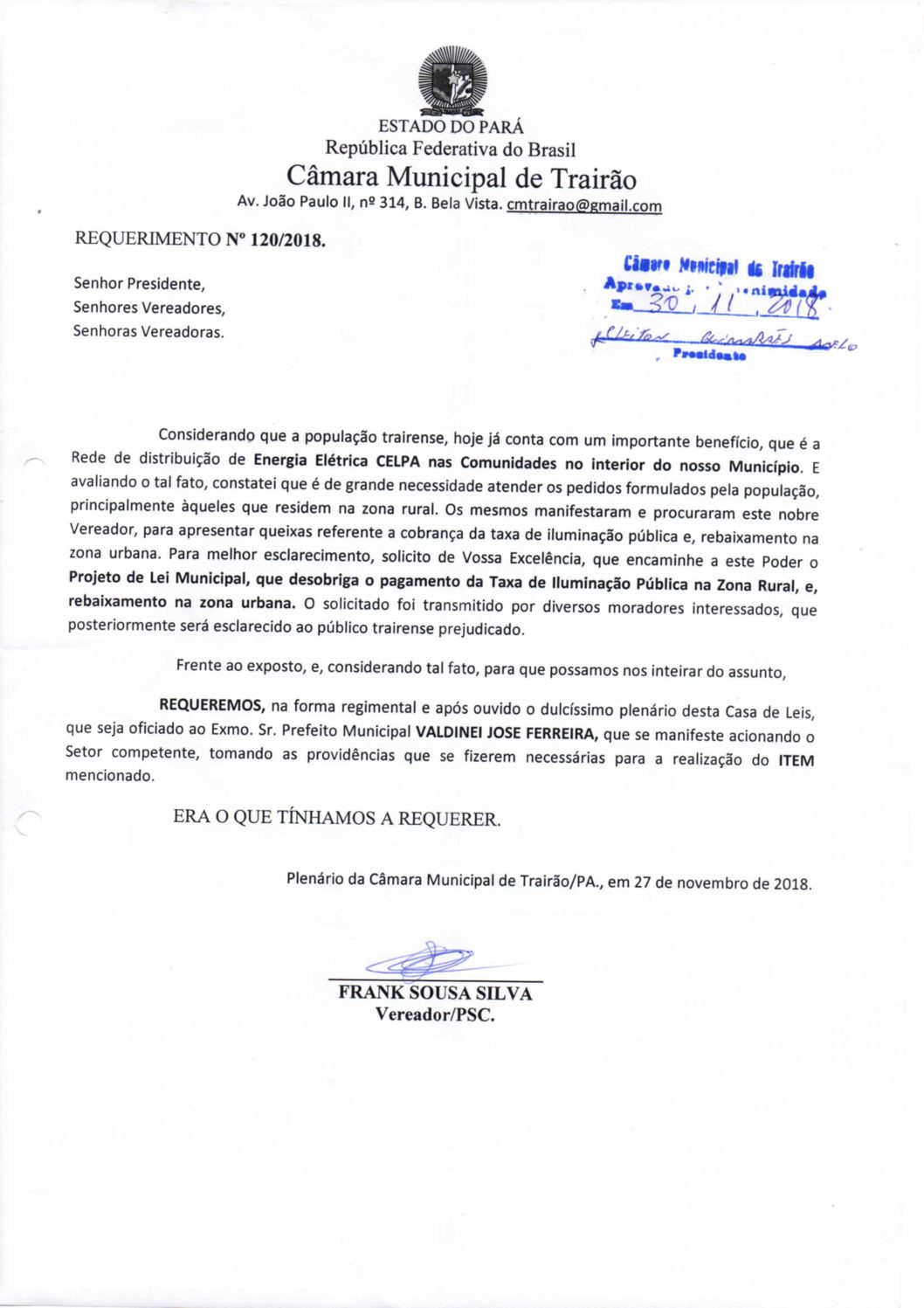 Requerimento nº 120-2018 - Câmara Municipal de Trairão